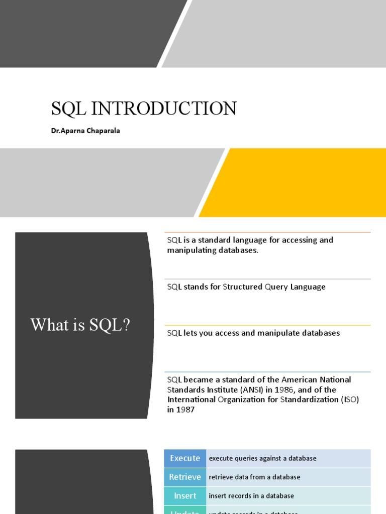 SQL Introduction: DR - Aparna Chaparala | PDF | Relational Database | Sql