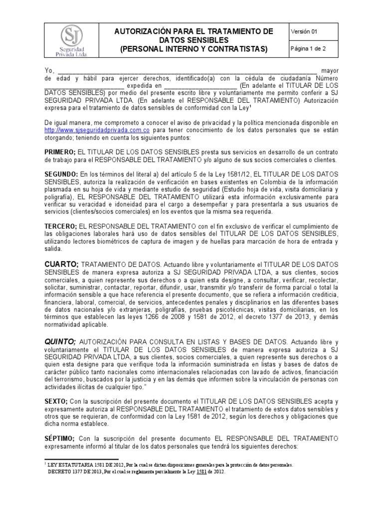 Plantilla Autorización Datos Sensibles | PDF | Privacidad de la ...