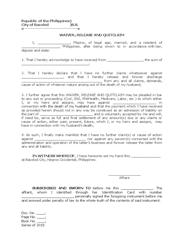 Republic of The Philippines) City of Bacolod) S.S. X - X Waiver, Release and Quitclaim | PDF