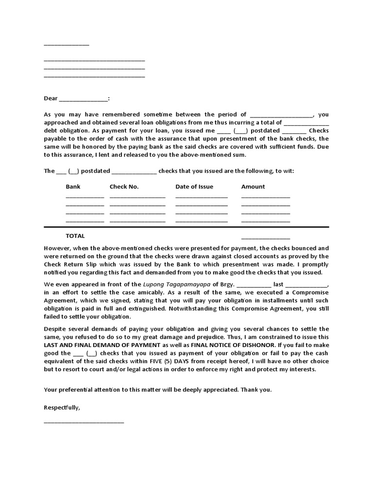 Letter of Demand (Final Notice of Dishonor | PDF | Payments | Loans