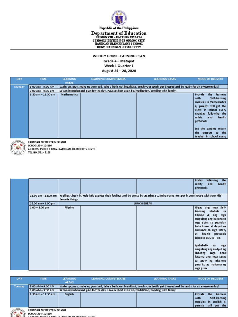 Department of Education: Weekly Home Learning Plan Grade 4 - Matapat Week 1 Quarter 1 August 24 ...