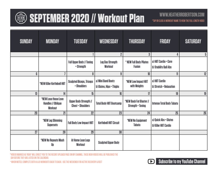 SEPTEMBER 2020 // Workout Plan: Sunday Monday Tuesday Wednesday ...