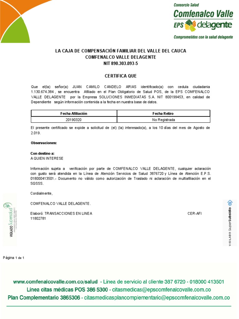 Certificado de Comfenalco PDF | PDF