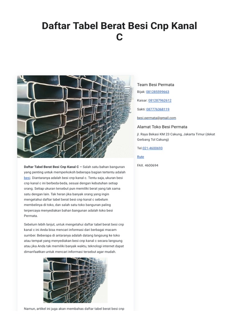 Daftar Tabel Berat Besi CNP Kanal C Besi Permata | PDF