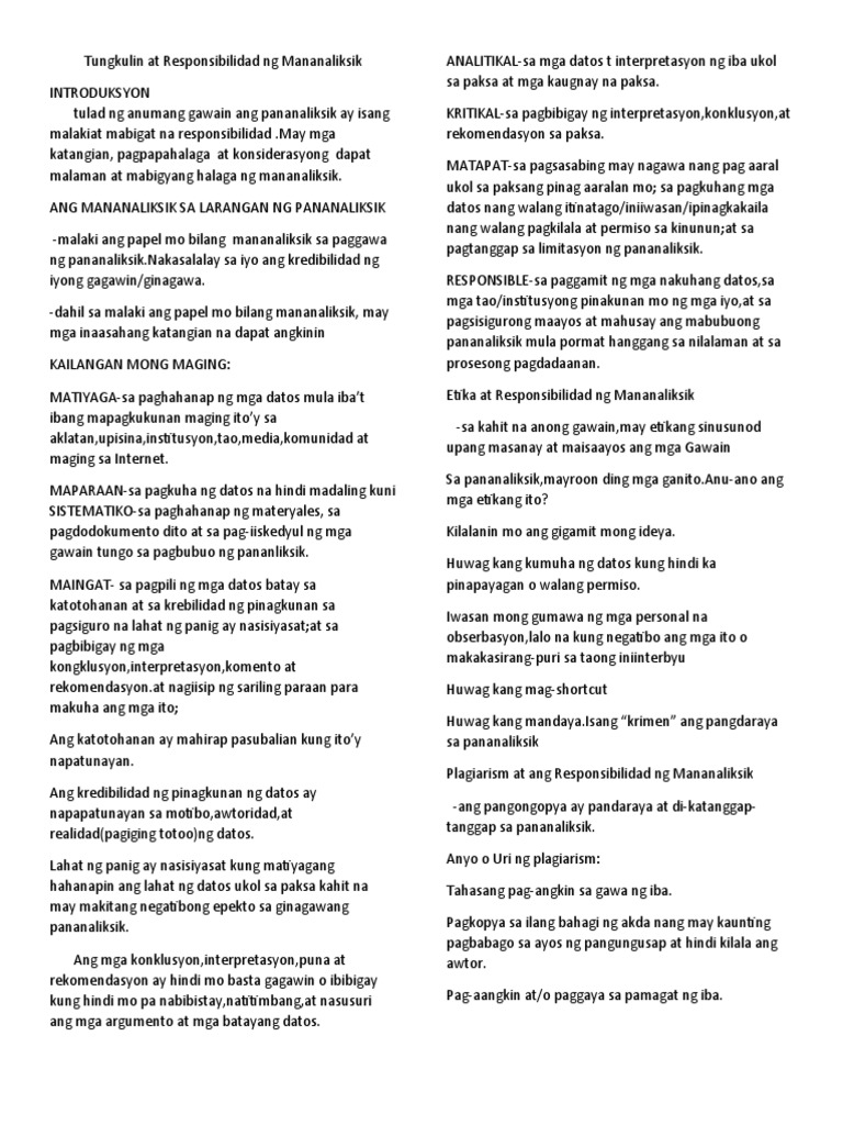 Tungkulin at Responsibilidad NG Mananaliksik | PDF