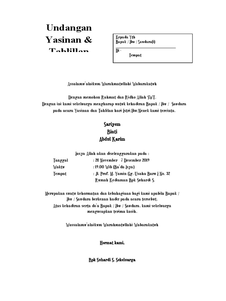Undangan Yasinan Dan Tahlilan Sariyem | PDF