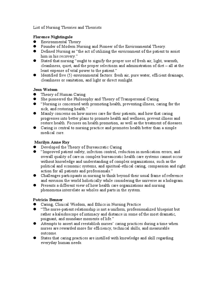 List of Nursing Theories and Theorists | PDF | Nursing | Psychological ...