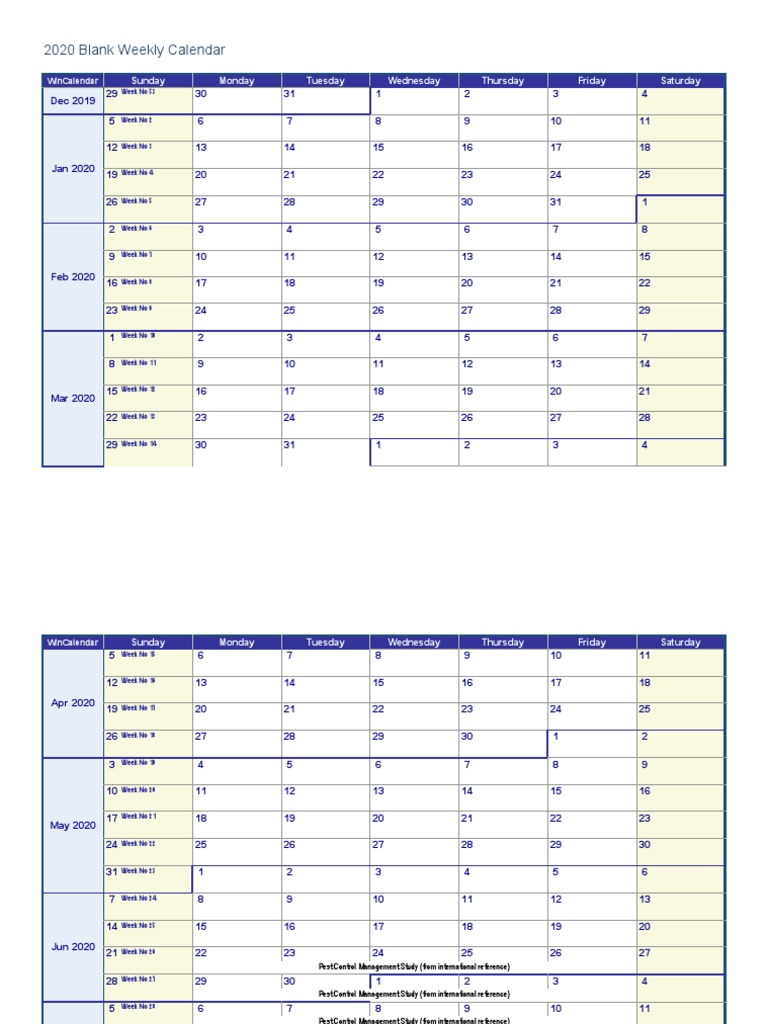 2020 Blank Weekly Calendar: Sunday Monday Tuesday Wednesday Thursday ...