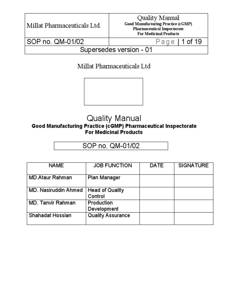 Millat Pharma Quality Manual for GMP Inspection | PDF | Quality ...