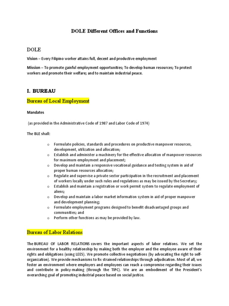 DOLE Organizational Structure and Functions | PDF | Occupational Safety ...