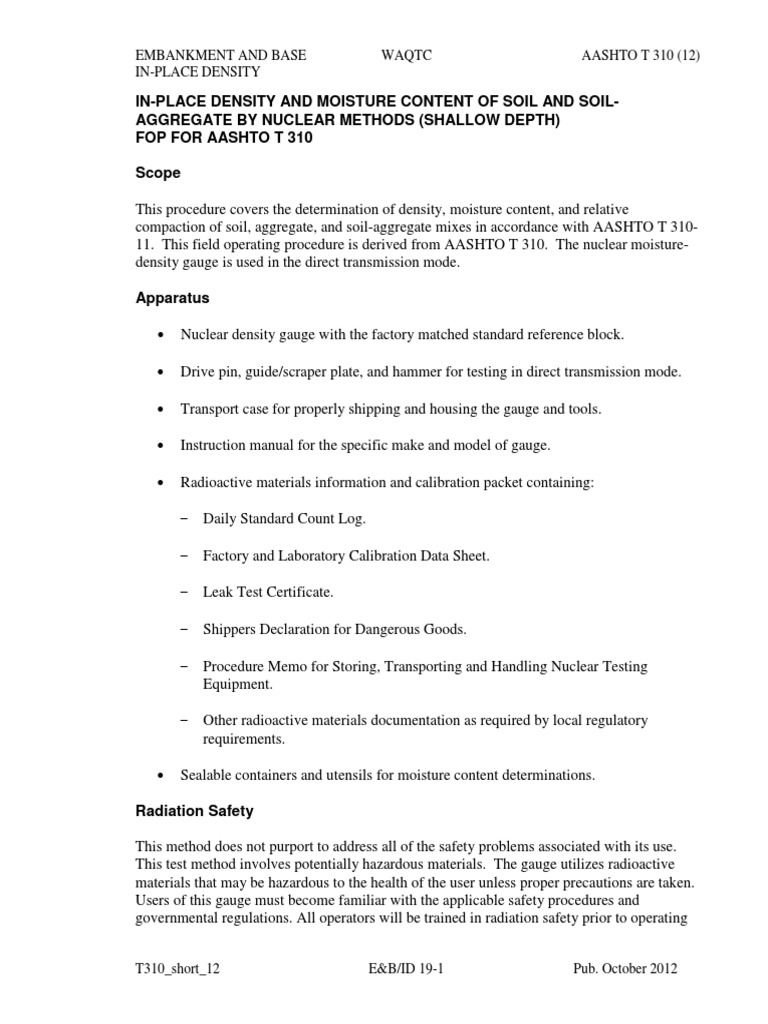 AASHTO T 310 In-Place Density Method | PDF | Calibration | Dangerous Goods