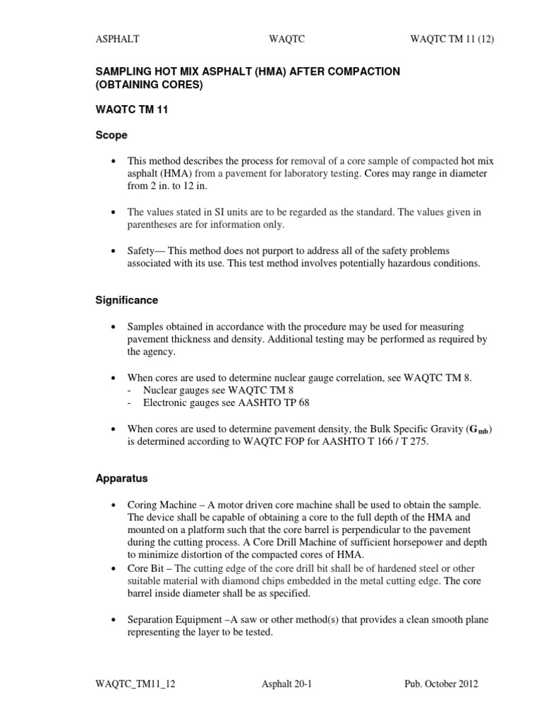 Sampling Hot Mix Asphalt (Hma) After Compaction (Obtaining Cores) Waqtc ...