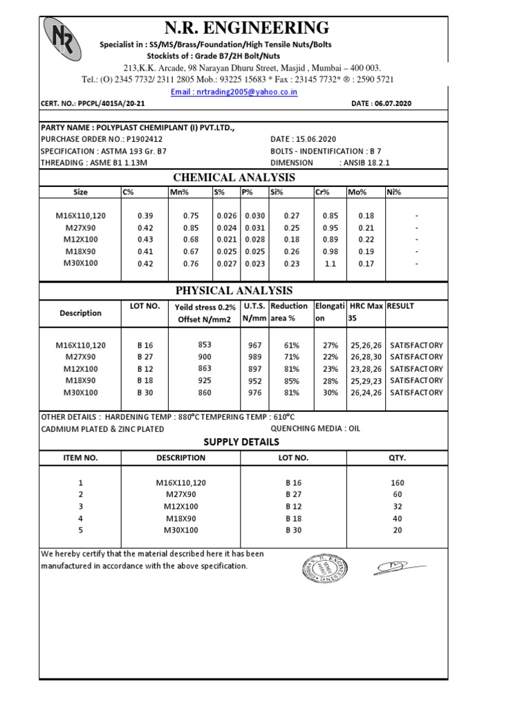 N.R. Engineering: Chemical Analysis | PDF | Screw | Building Engineering