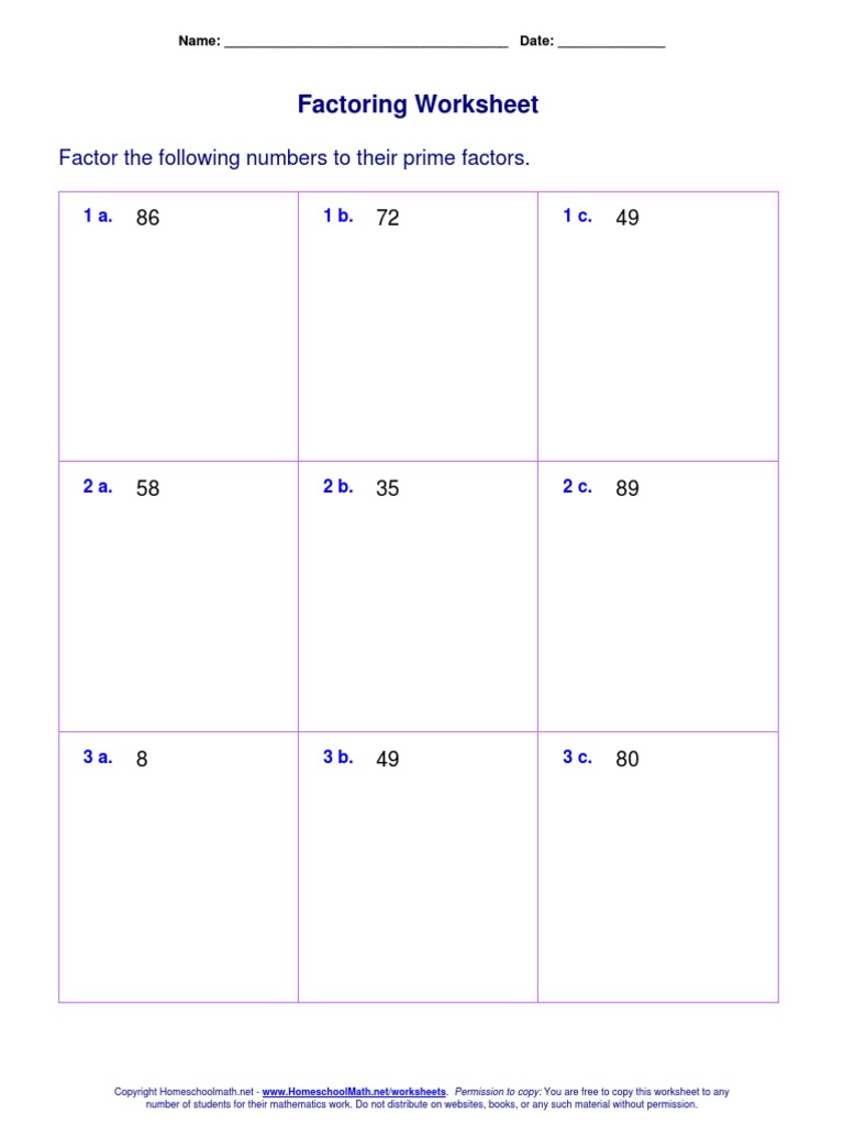 Factoring Worksheet: Factor The Following Numbers To Their Prime ...