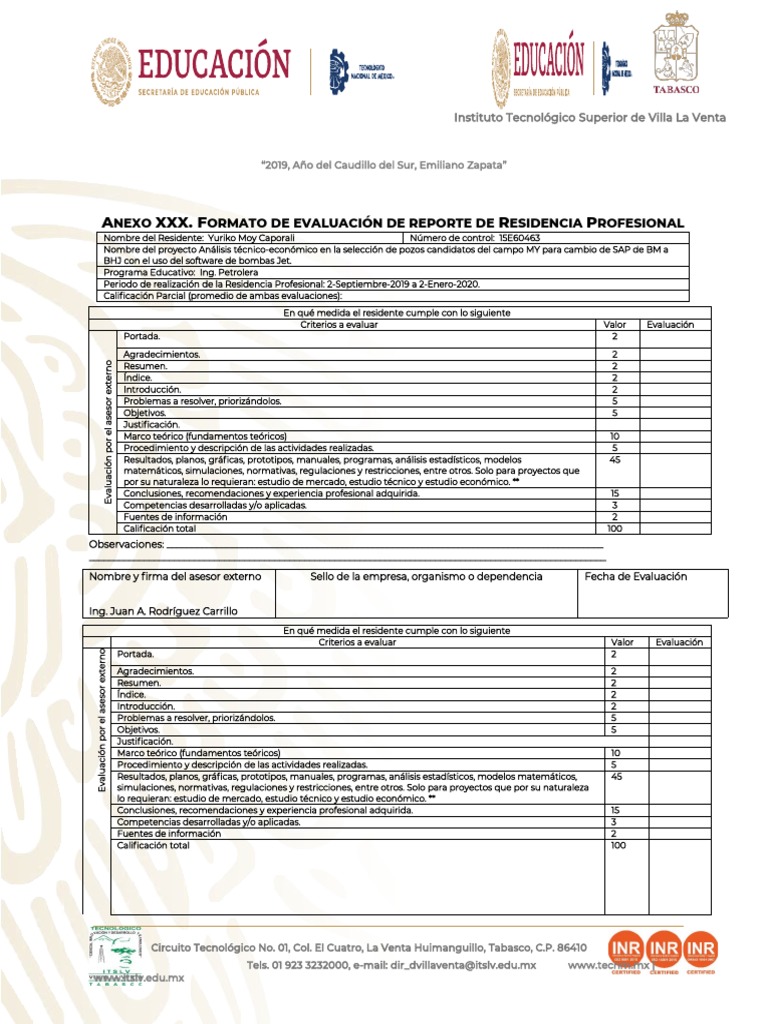 Formato de Evaluación de Reporte de Residencia Profesional (Final) | PDF | Simulación | Evaluación