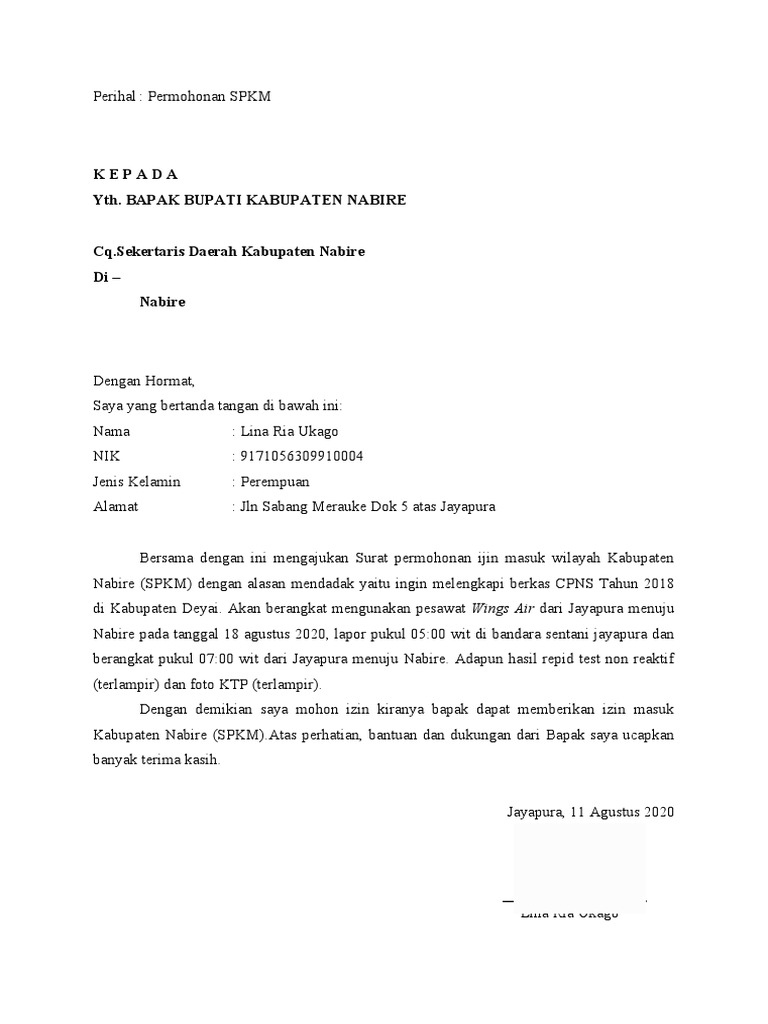 Permohonan Izin Masuk SPKM Nabire | PDF