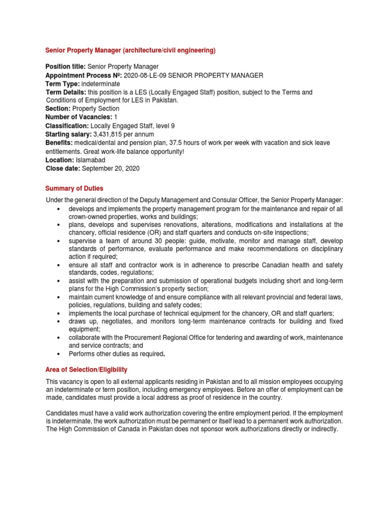 Senior Property Manager Job in Islamabad | PDF | Property Management ...