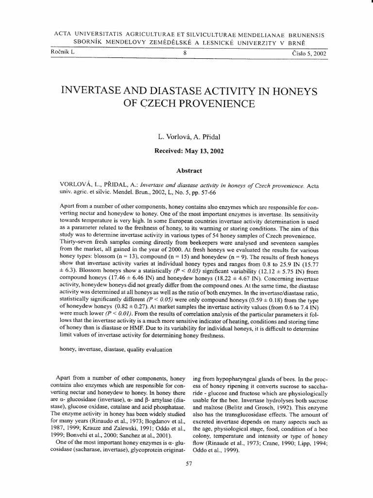 Invertase and Diastase Activity in Honeys: of Czech Provenience | PDF ...