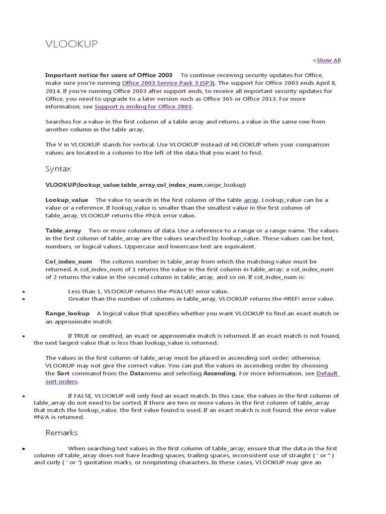 Vlookup: Syntax | PDF | Array Data Structure | Parameter (Computer Programming)