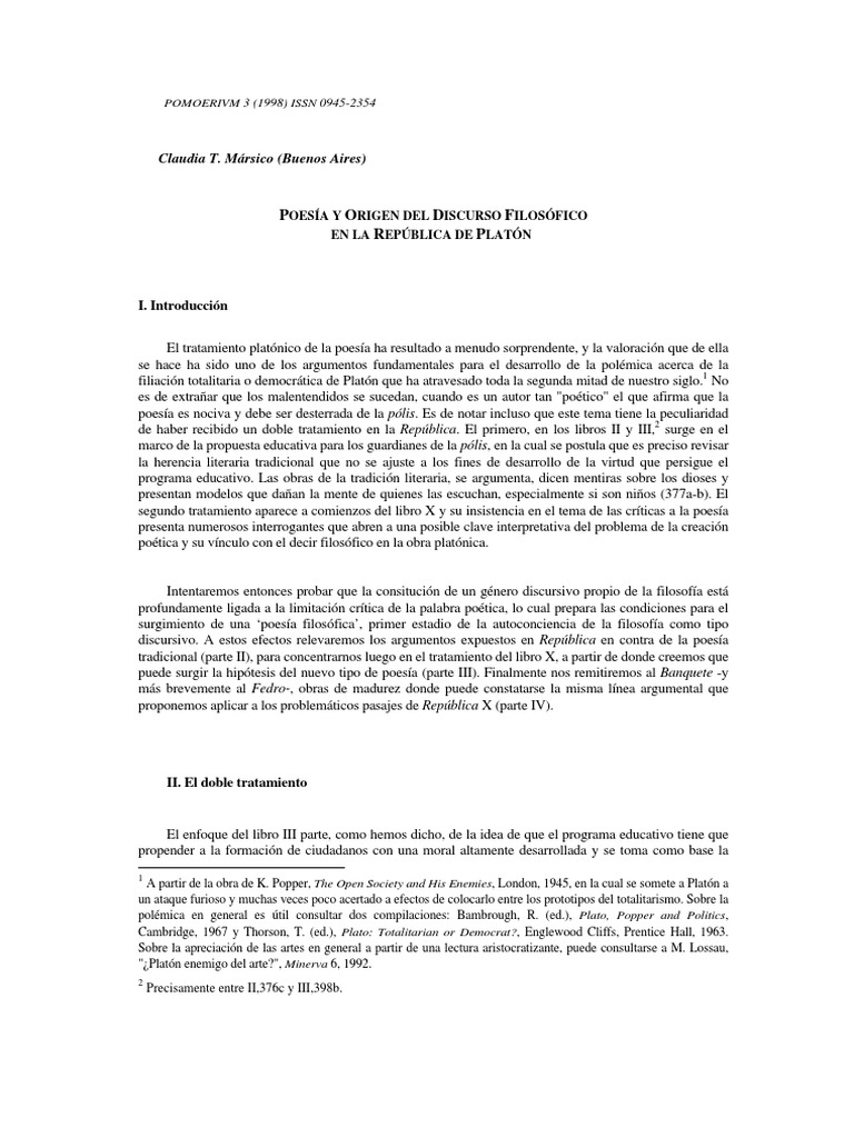 Mársico. Poesía y Origen Del Discurso Filosófico en La República de ...