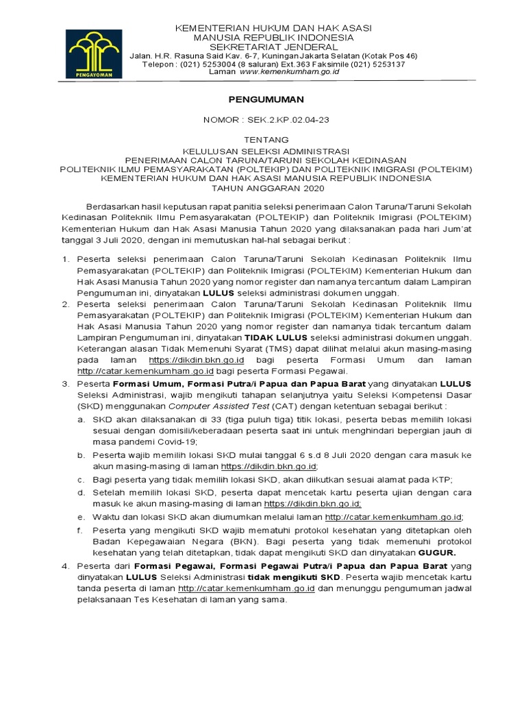 Pengumuman Kelulusan Administrasi PDF | PDF