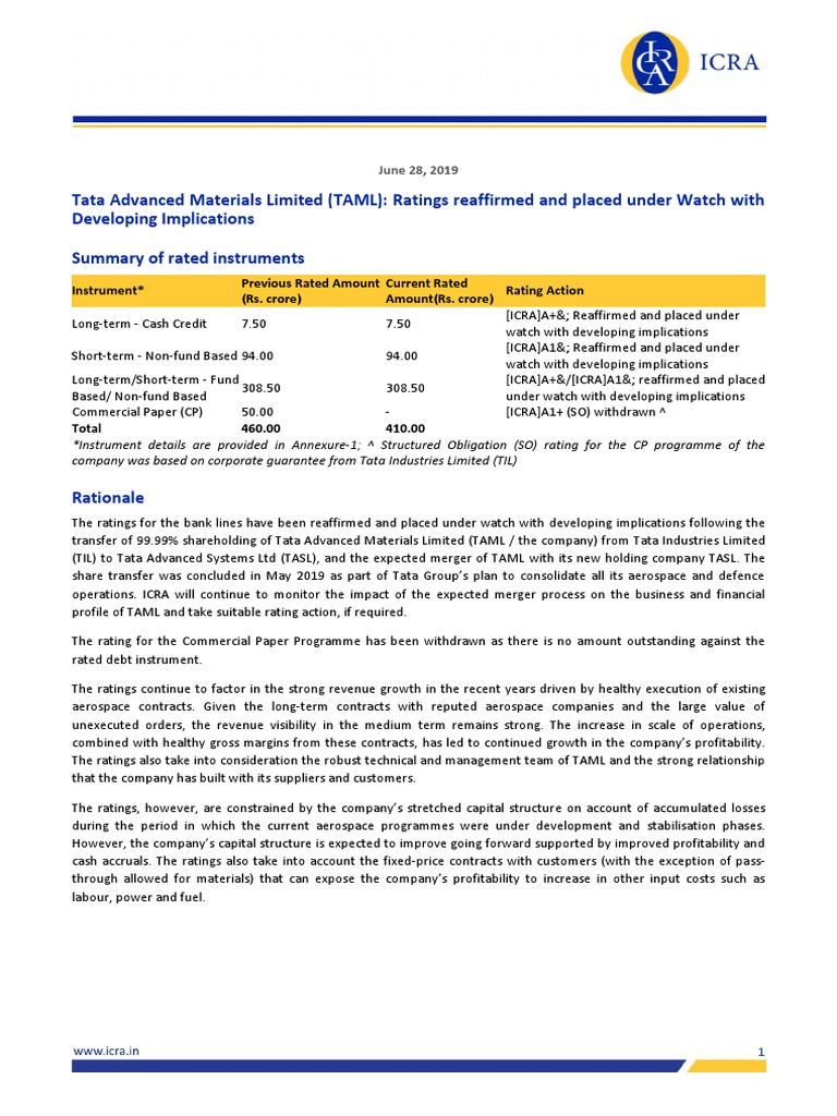 Tata Advanced Materials-R-28062019 | PDF | Market Liquidity | Credit