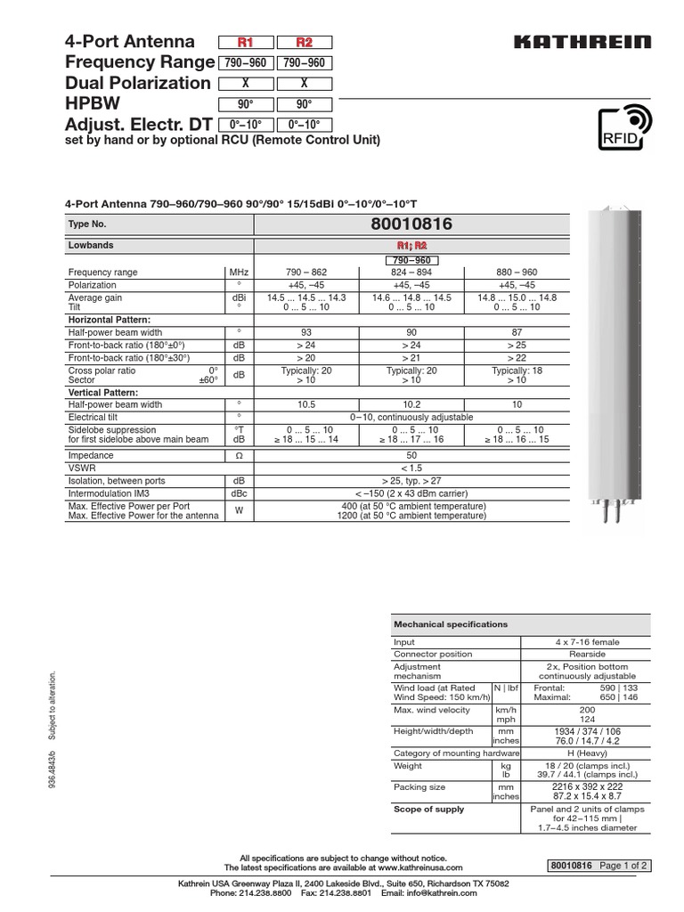 4-Port Antenna Frequency Range Dual Polarization HPBW Adjust. Electr ...