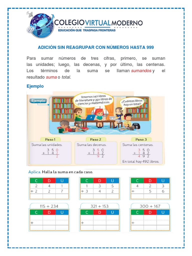 ADICIÓN SIN REAGRUPAR CON NÚMEROS HASTA 999.pdf | PDF