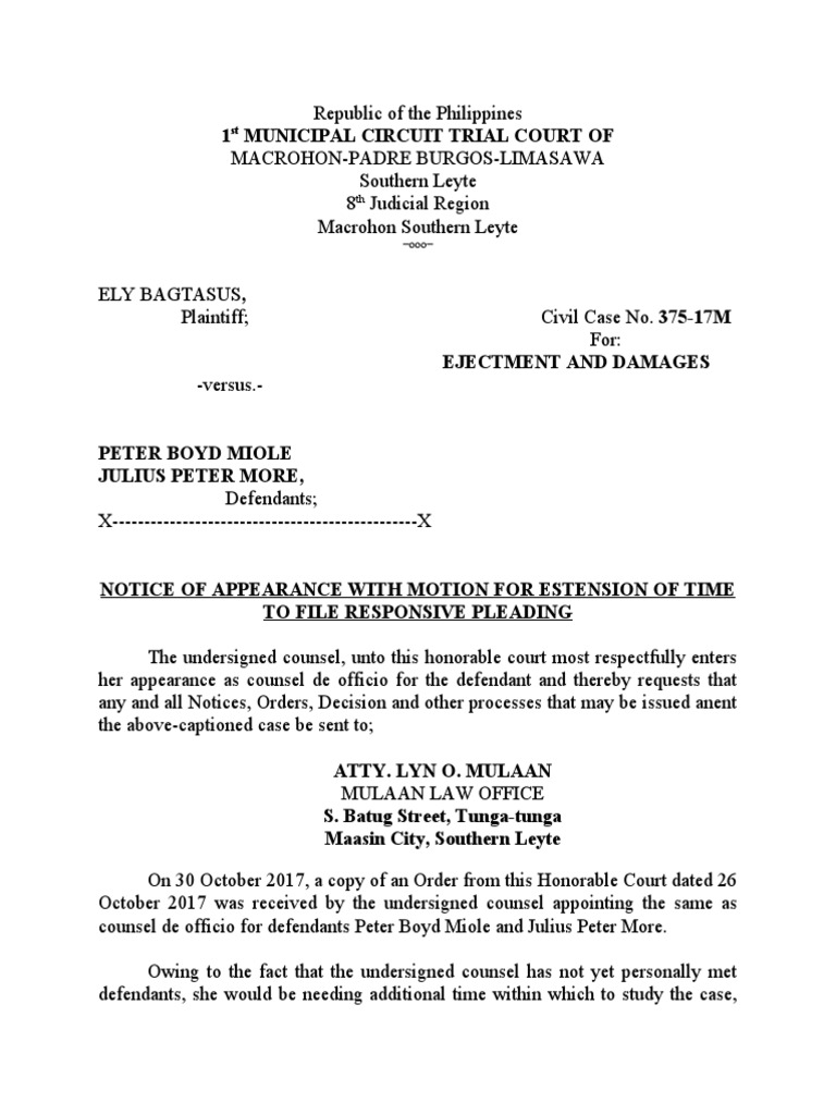 Entry of Appearance With Motion For Extension | PDF | Pleading | Courts