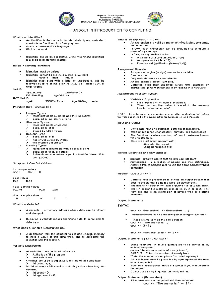 CC 101 - Basics in C++ | PDF | Boolean Data Type | Data Type