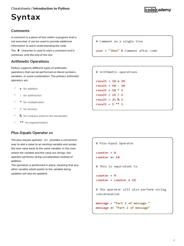 Introduction To Python - Syntax Cheatsheet - Codecademy PDF | PDF ...