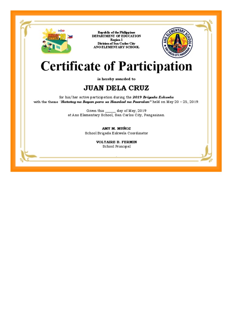 2019 BRIGADA ESKWELA Sample Certificate | PDF