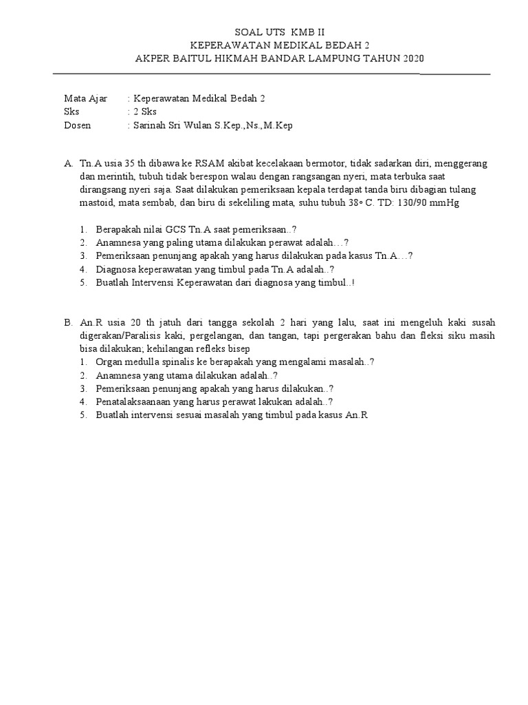Soal KMB 2 - UTS - (Trauma Kepala & Medula Spinalis) | PDF