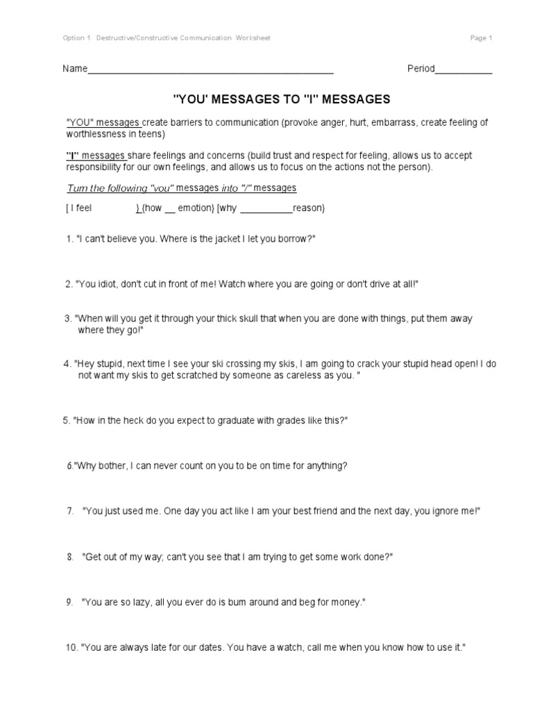 "You' Messages To "I" Messages: Option 1 Destructive/Constructive ...