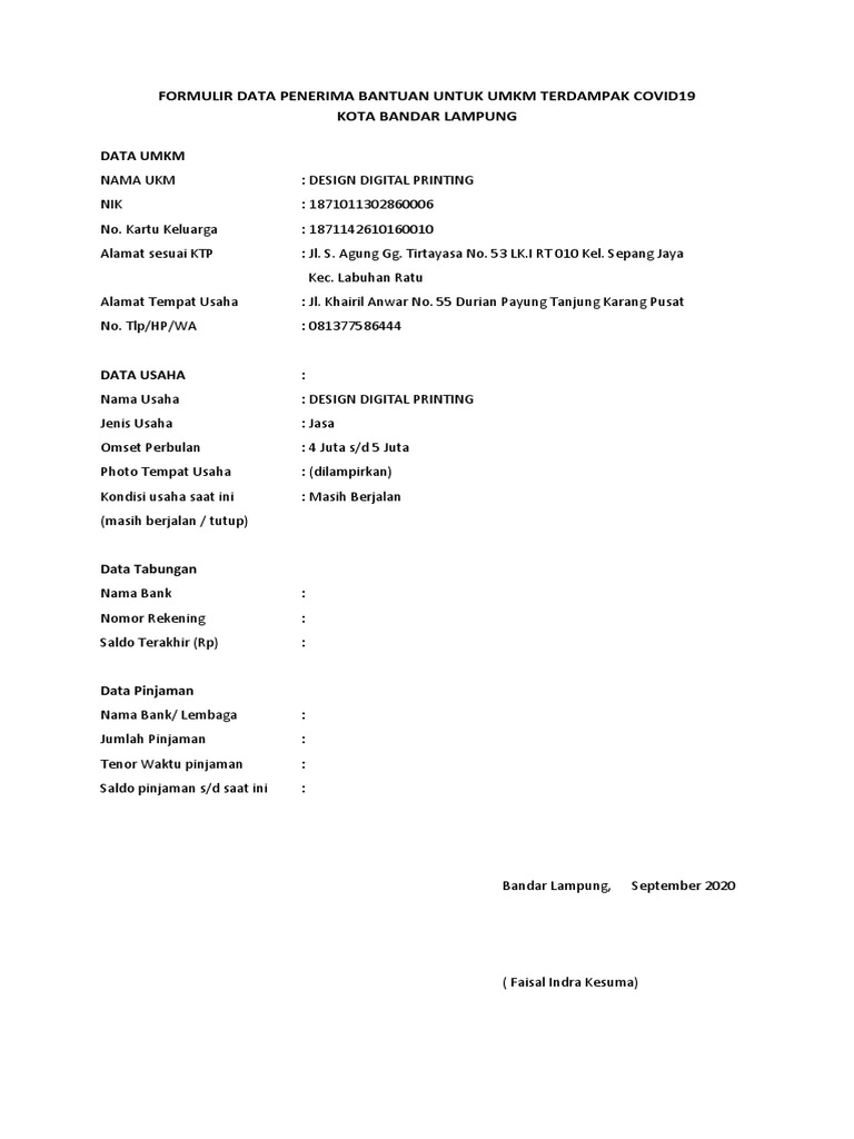 Formulir Data Penerima Bantuan Untuk Umkm Terdampak Covid19 | PDF