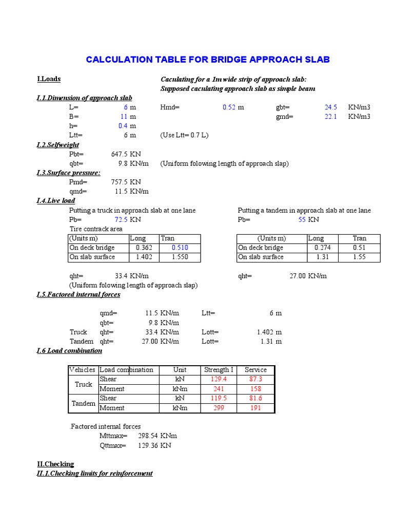 Calculation Table For Bridge Approach Slab: I.Loads | PDF | Strength Of ...