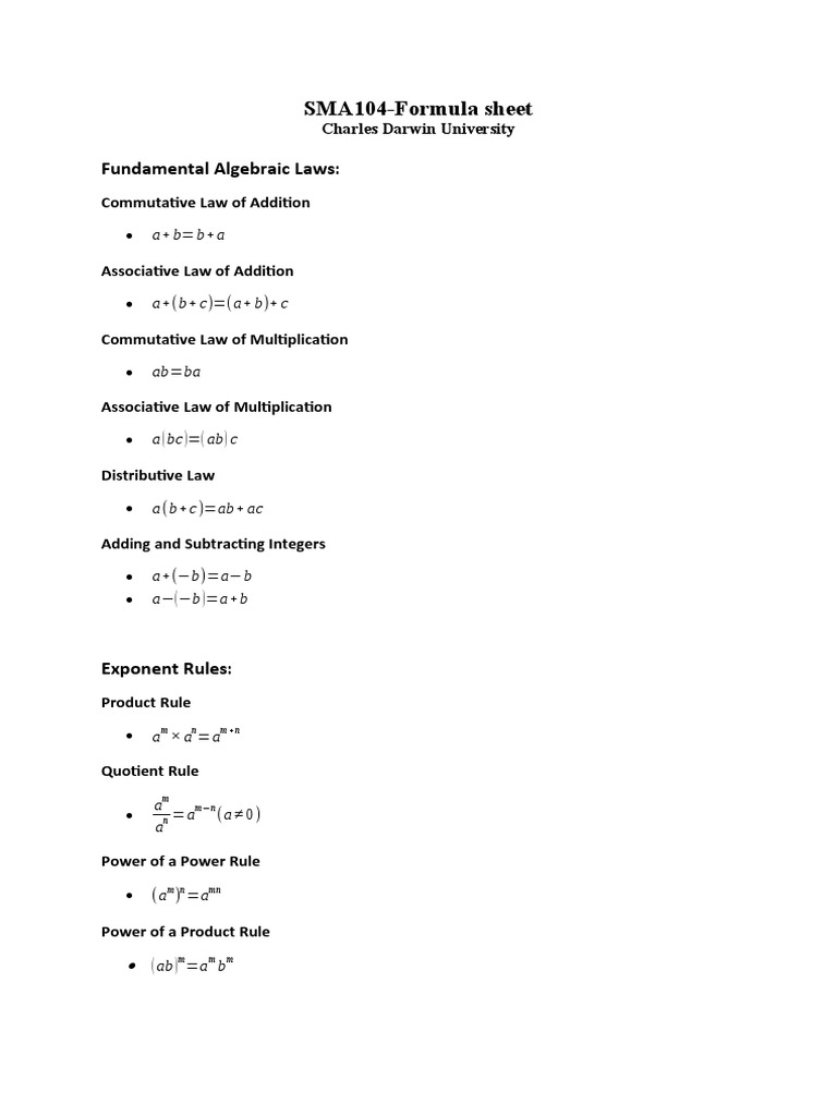 SMA104-Formula Sheet: Fundamental Algebraic Laws | Download Free PDF ...
