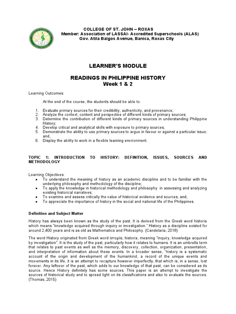 Learner'S Module Readings in Philippine History Week 1 & 2 | PDF | Primary Sources | Historiography