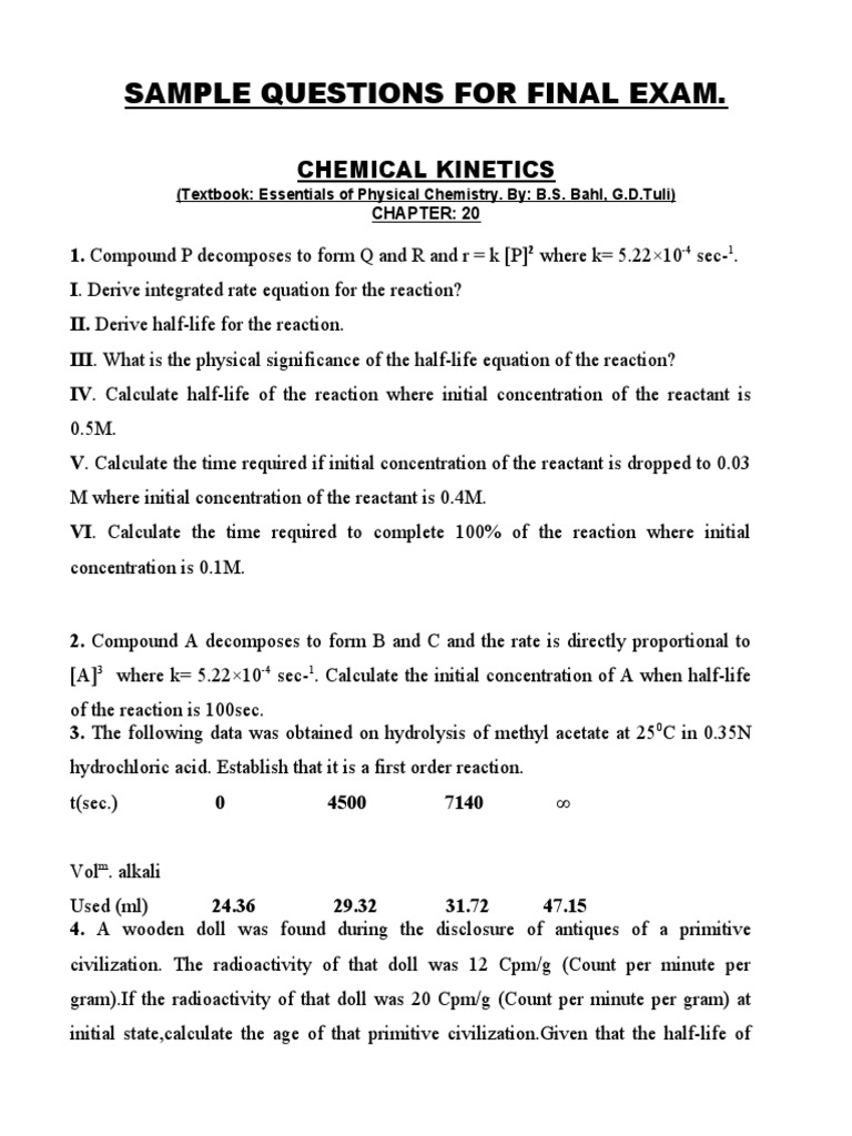Sample Questions - Final Exam | PDF | Solution | Electrochemistry