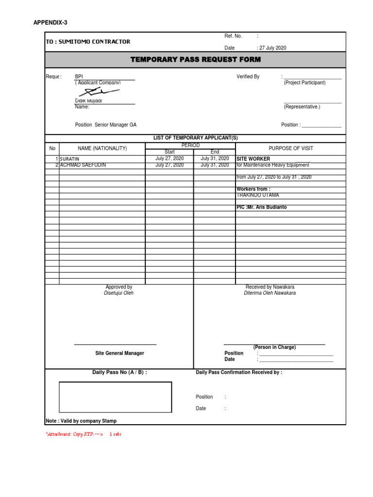 Temporary Pass Request Form: Appendix-3 | PDF | Business