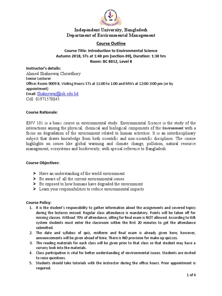 Independent University, Bangladesh Department of Environmental ...