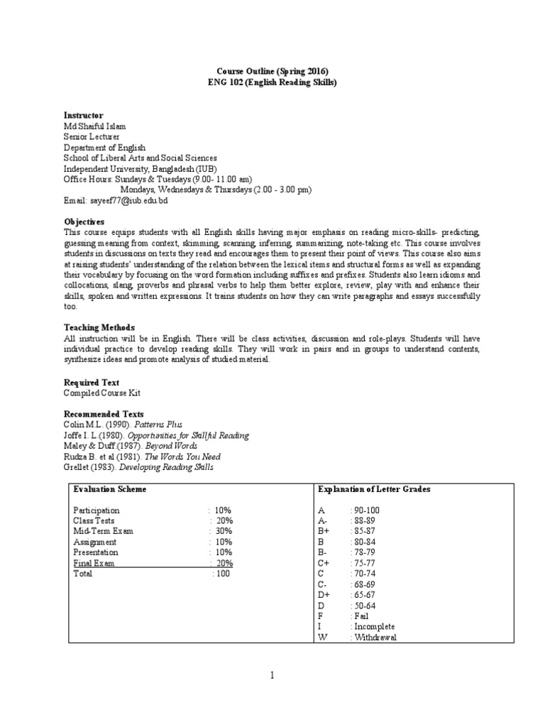 ENG 102, Course Outline, Spring 2016 | PDF | English Language | Reading ...