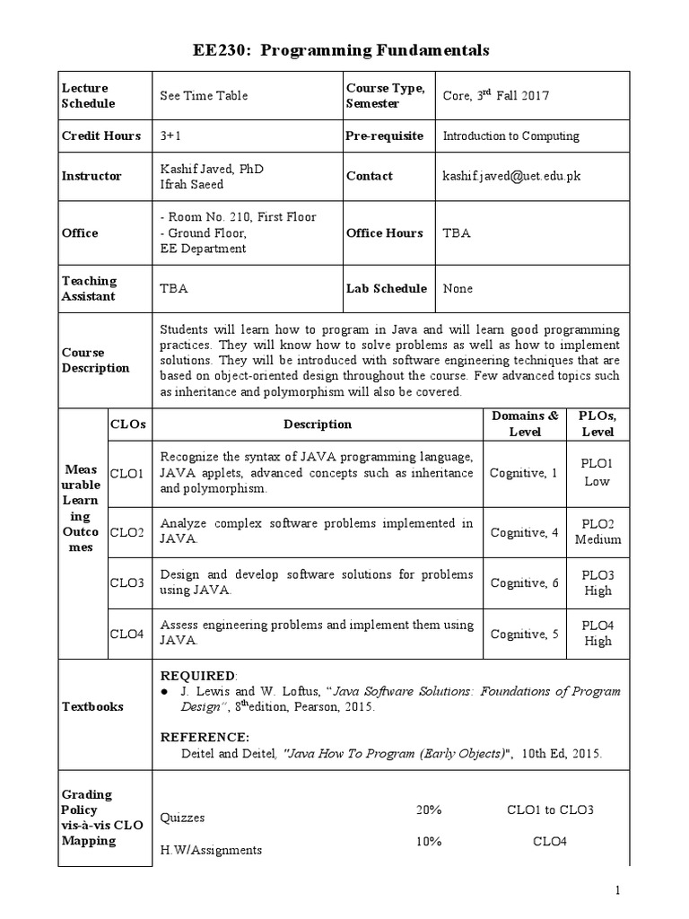 EE230 Programming Fundamentals | PDF | Java (Programming Language ...