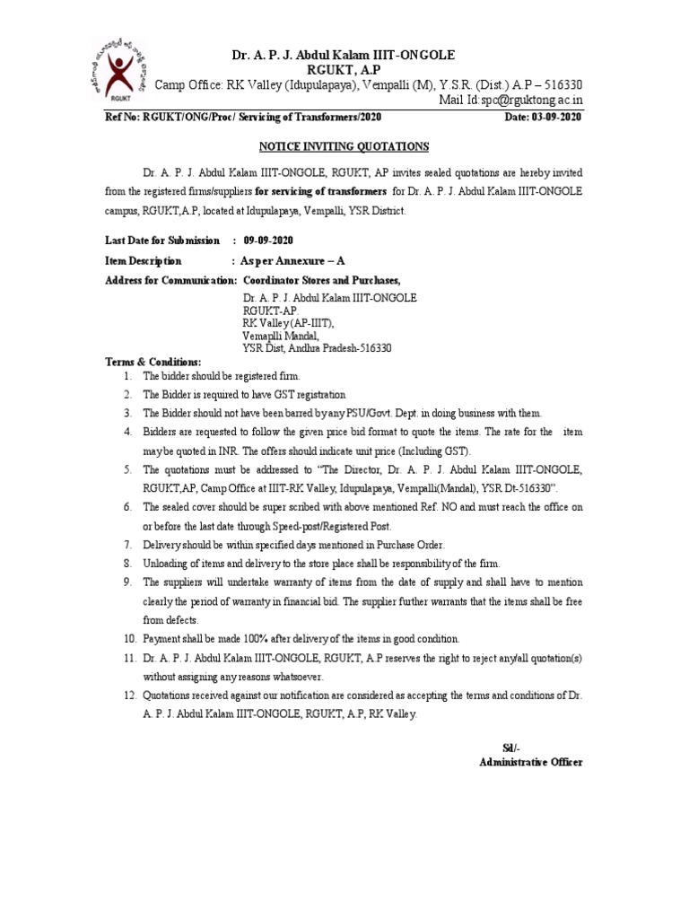 Servicing of Transformers For Dr. A. P. J. Abdul Kalam IIIT-ONGOLE - 03 ...
