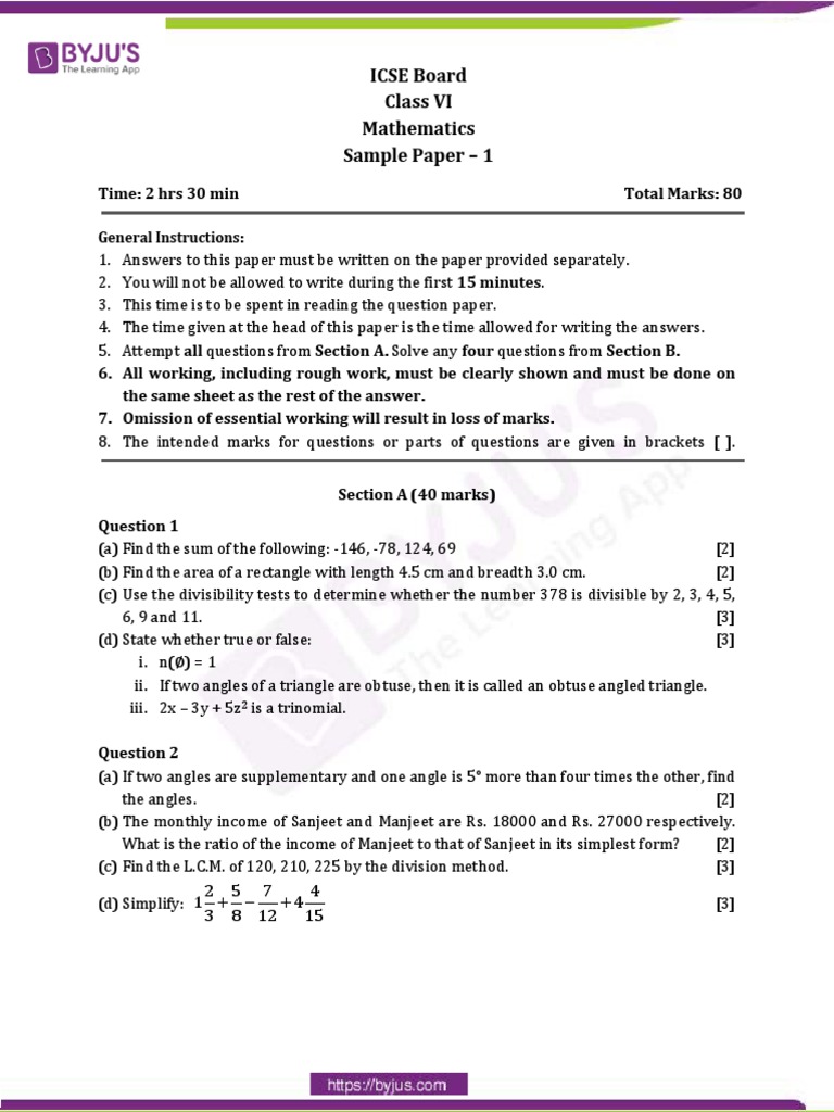 ICSE Class 6 Maths Sample Paper Set 1 | PDF | Triangle | Area