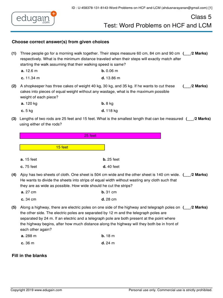 Class 5 Test: Word Problems On HCF and LCM: Choose Correct Answer(s ...