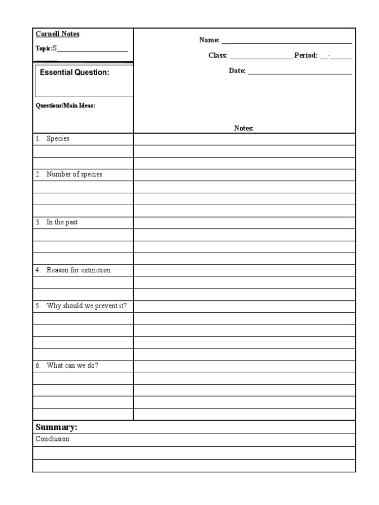Cornell Notes Name: Class: Date:: Summary | PDF