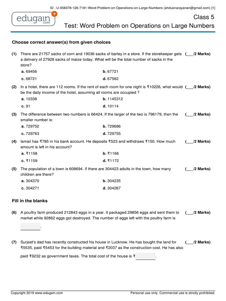 Class 5 Test: Word Problem On Operations On Large Numbers: Choose ...