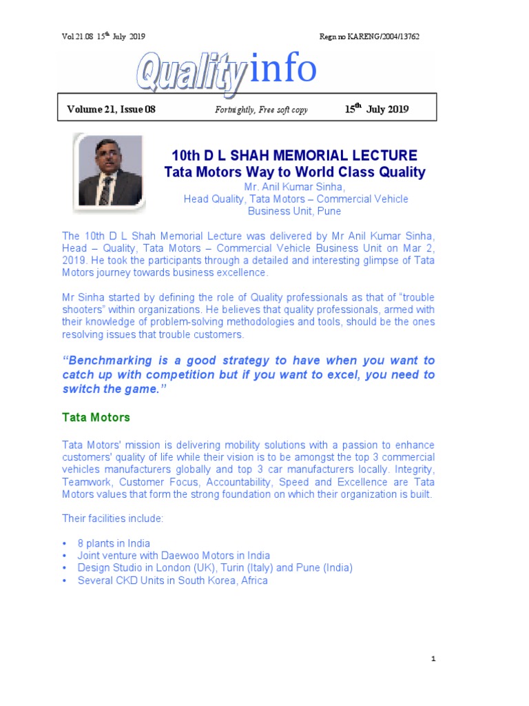 Tata Motors' Journey to World Class Quality | PDF | Feedback ...
