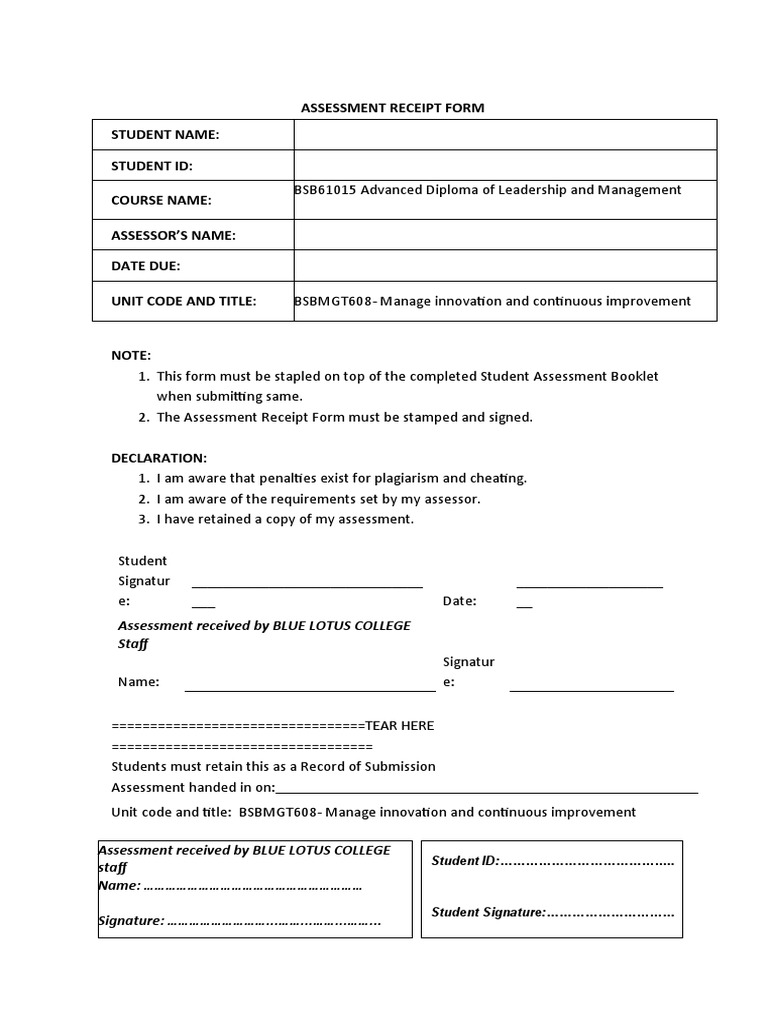 Assessment Receipt Form Student Name: Student Id: Course Name: Assessor ...